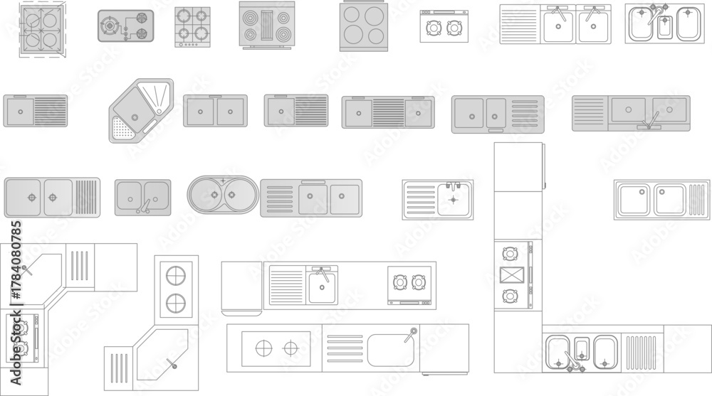 Vector set of kitchen elements top view: various cooktops (stoves) and ...