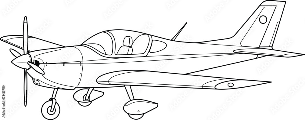 Single-engine propeller airplane vector illustration, line art outline ...