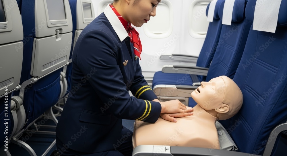 Asian flight attendant performing CPR chest compressions on training ...