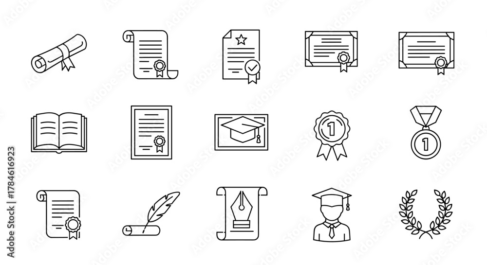 Collection of outline signs representing diplomas, certificates ...