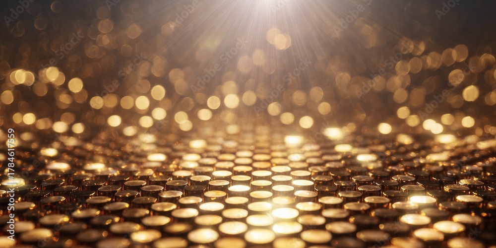 Golden coins floor with sparkling bokeh lights background, concept for ...