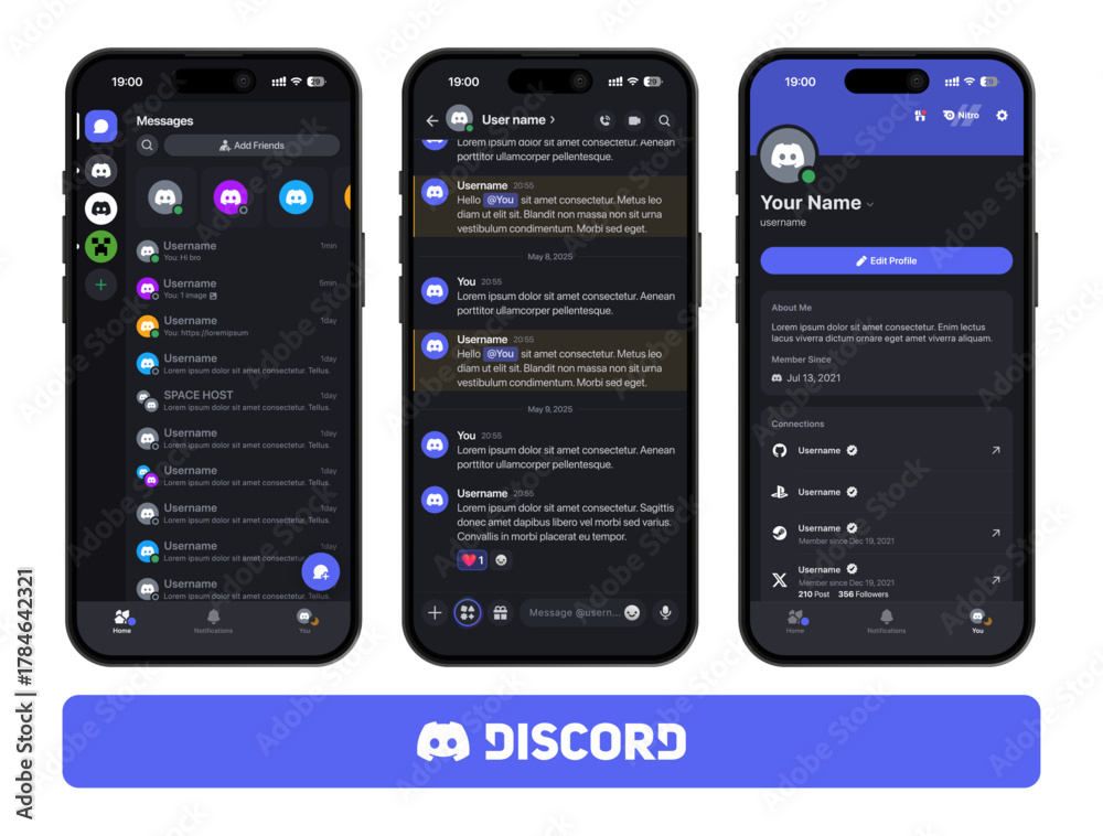 Stockvector Discord Messenger 2026 dark mode UI with logo and all ...