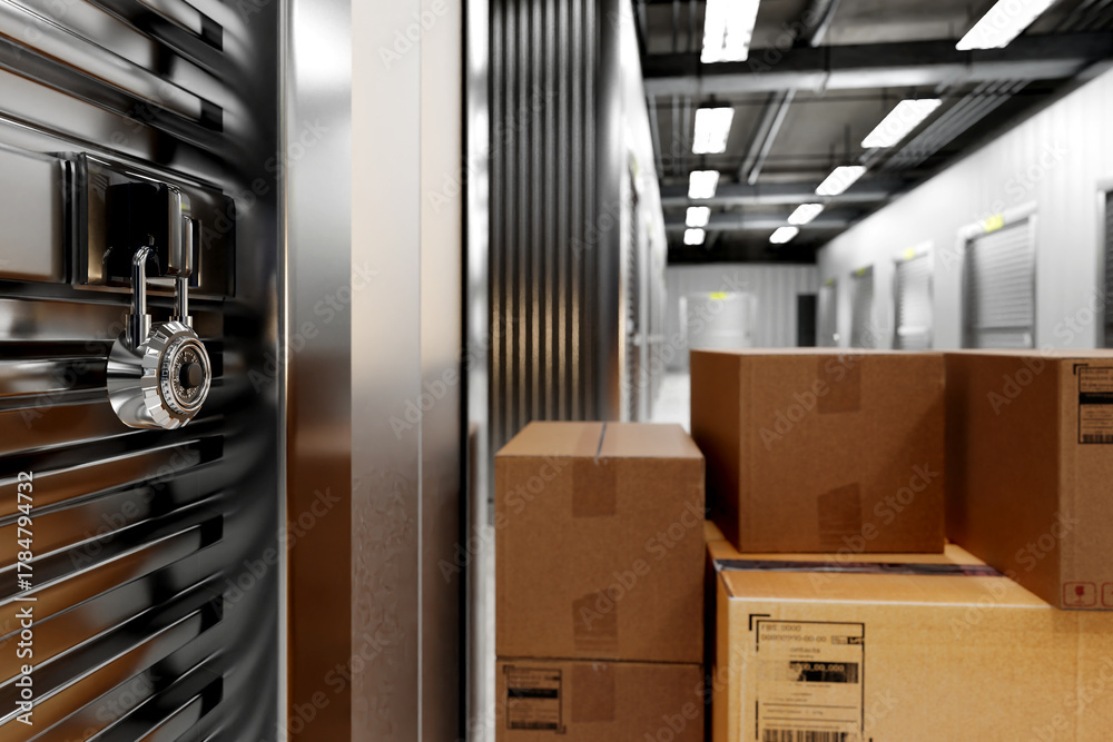 Secure self-storage facility with locked metal units and stacked ...