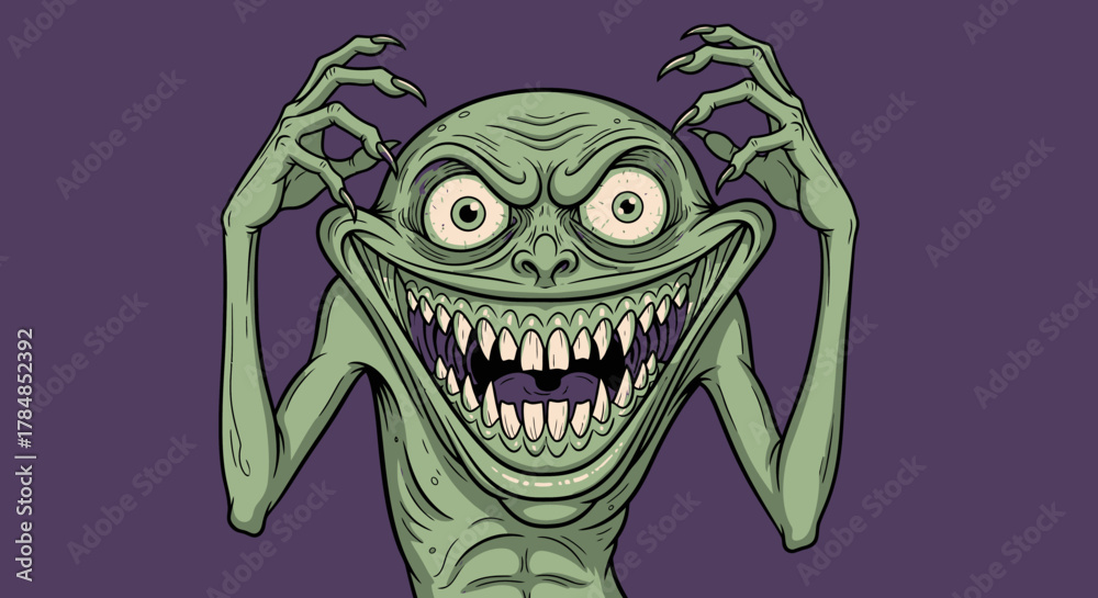 Cartoon depiction of a menacing, grinning, green monster with sharp ...