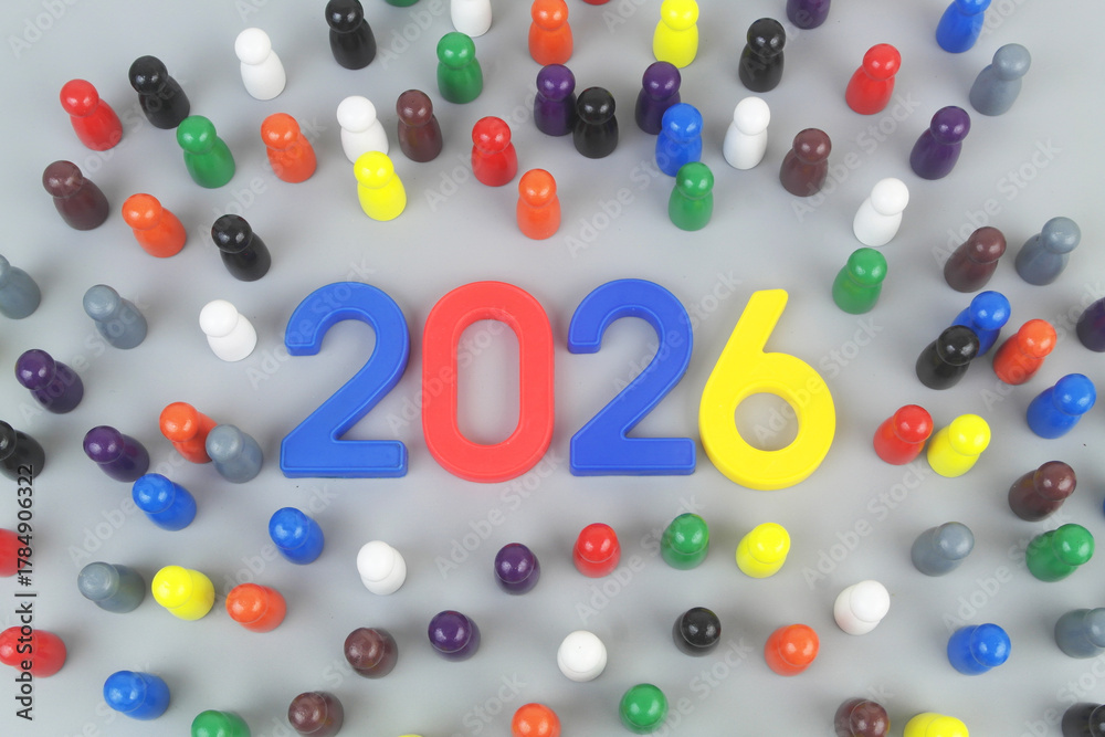 Crowd of people figures with numbers 2026, top view. Demography and ...