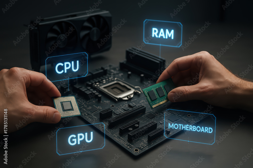 Assembling computer components like CPU, RAM, and GPU on motherboard ...