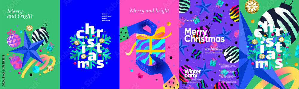Modern Christmas posters with 3d geometric shapes, pattern, ornament ...
