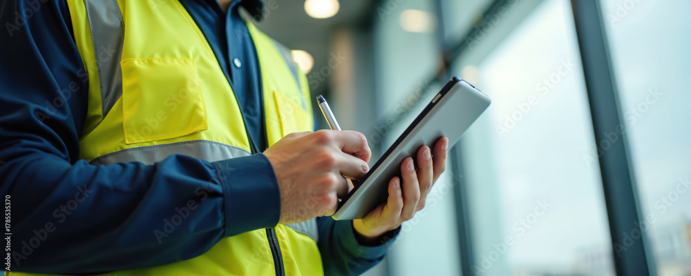 Building inspector checks building safety system. Man holds digital ...