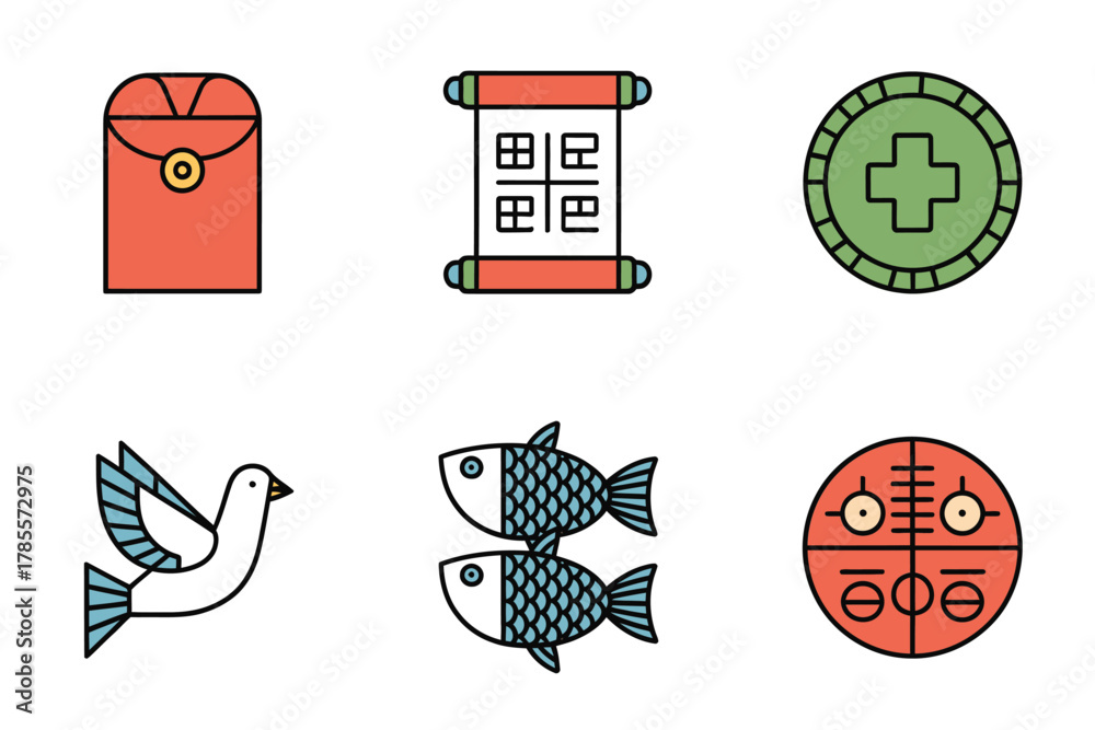 Flat vector icons for Asian holiday, featuring red envelope, scroll ...