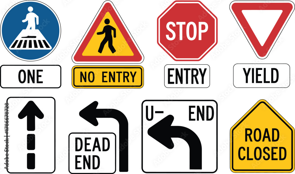 Variety of Colorful Road and Traffic Signs for Safety and Directional ...