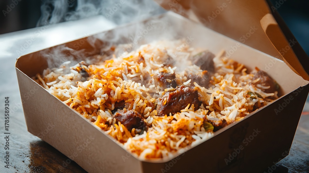 Kacchi biryani packed in a takeaway box, lid just opened, steam still ...