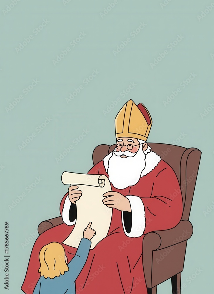 Saint Nicholas reading a scroll with a child pointing at the list ...