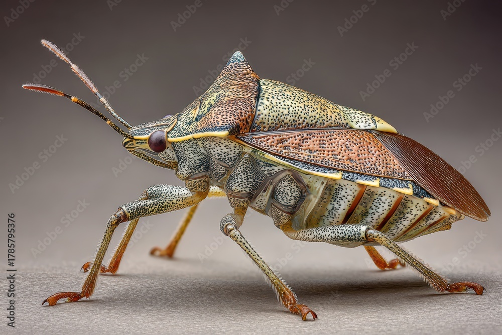 Macro close-up of a brown marmorated stink bug from a dorsal view ...