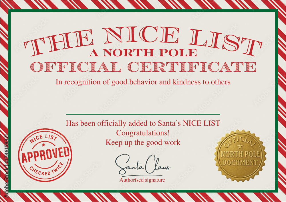 Christmas Nice List Certificate Template — Official Santa Claus North ...