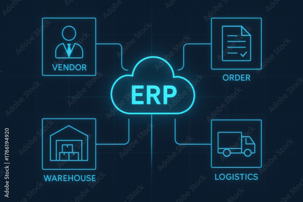 Visual representation of an ERP system connecting vendor, order ...