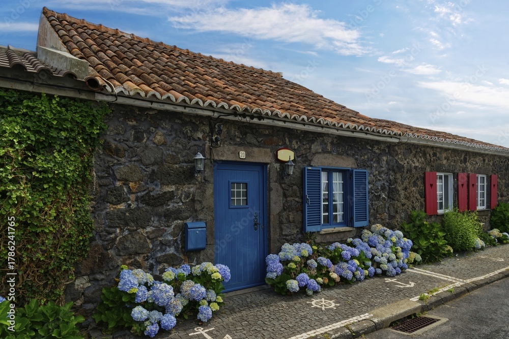 Former whaler's stone house with blue shutters and door, hydrangeas ...