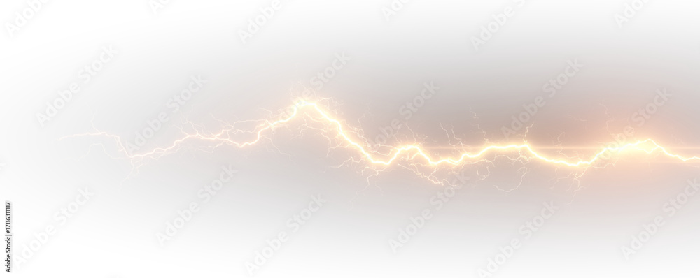 Yellow lightning bolt flashes through storm clouds with electric energy ...