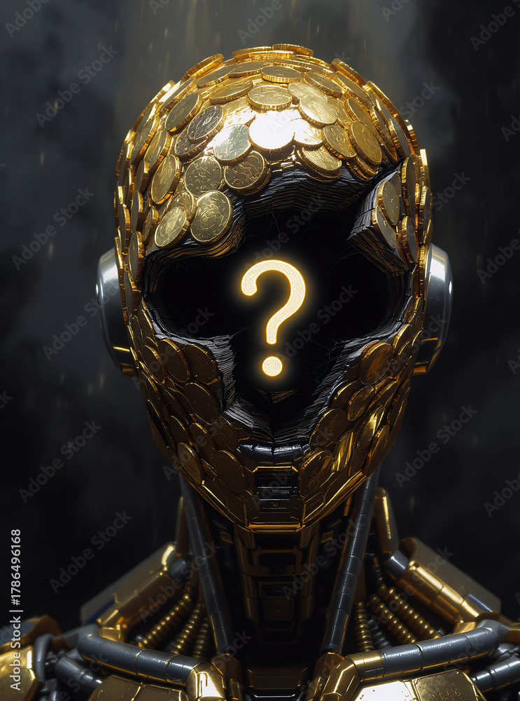 Futuristic cyber figure with a head of gold coins and an empty face ...