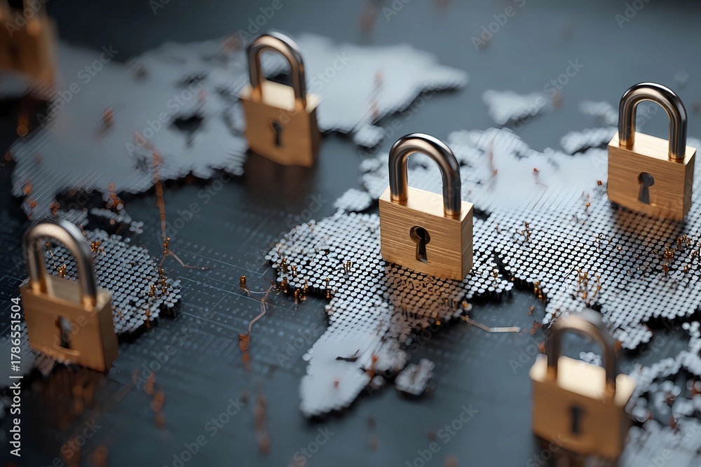 Global security represented by padlocks on a world map showing the ...