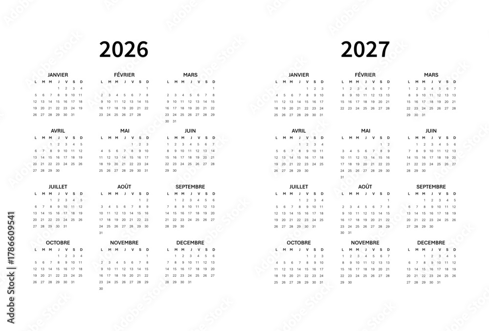Vector de Stock Calendrier 2026-2027 Français, French calendar for 2026 ...