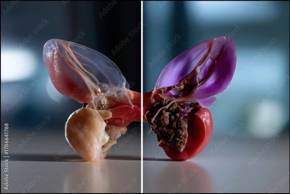 A vivid anatomical model split in half reveals detailed structures of ...