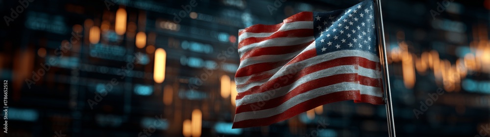 Visualizing economic decline: us flag overlaid on falling stock figures ...