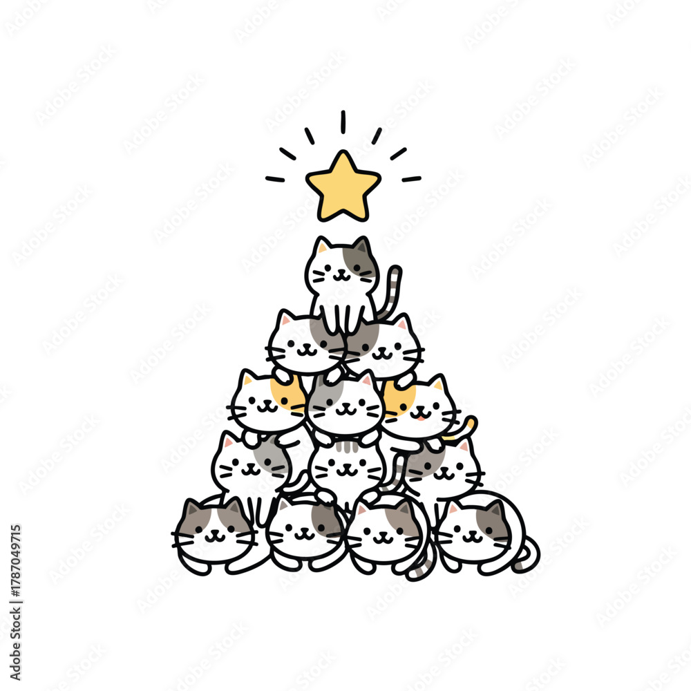 Adorable pyramid of cute cartoon cats stacked in a festive Christmas ...
