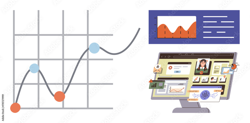 Line chart with data points, analytics dashboard on computer screen ...