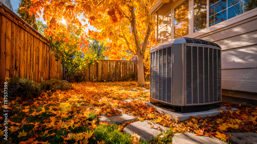 Ac unit in autumn backyard with fallen leaves Stock Photo | Adobe Stock