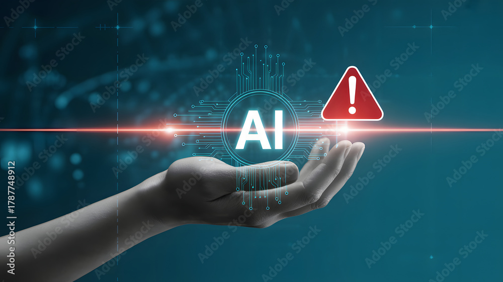 Hand holding AI symbol with warning alert signifies potential risks and ...