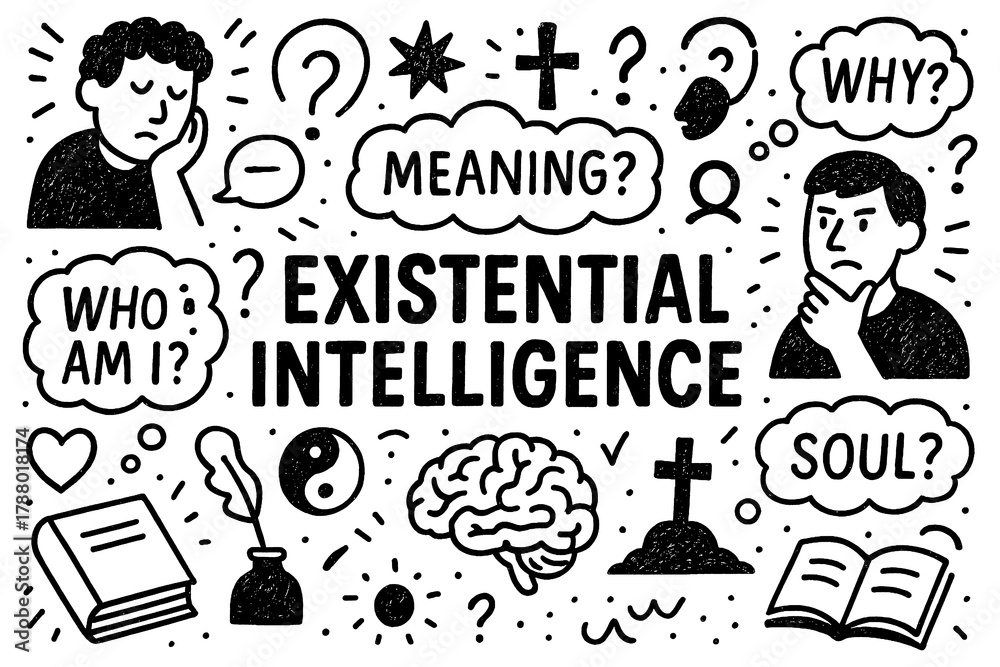 Existential intelligence doodle composition with philosophy, meaning ...