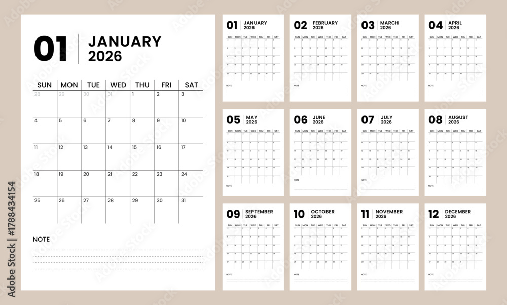 Monthly calendar template for 2026. Printable 2026 calendar with ...