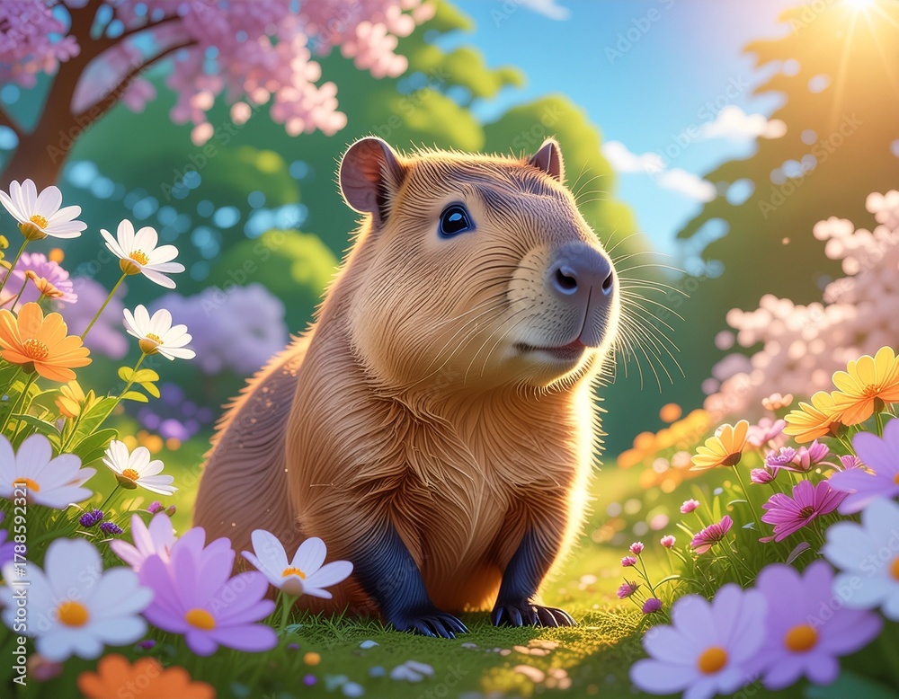 Cute capybara in the garden full of springtime flowers in sunshine. の ...
