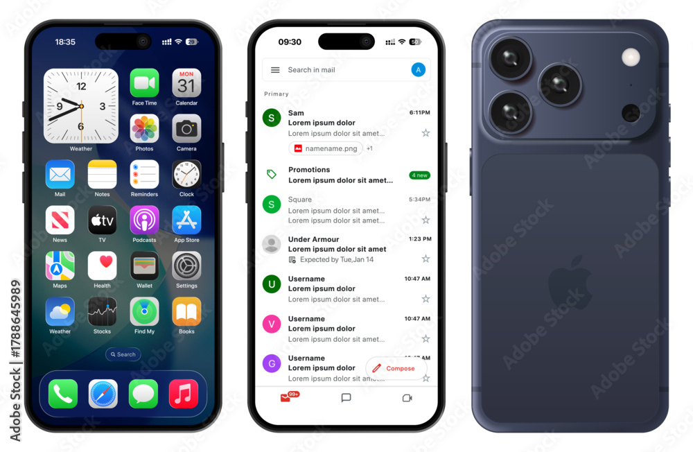 Apple iPhone 17 Pro front and back view featuring Gmail app UI template ...