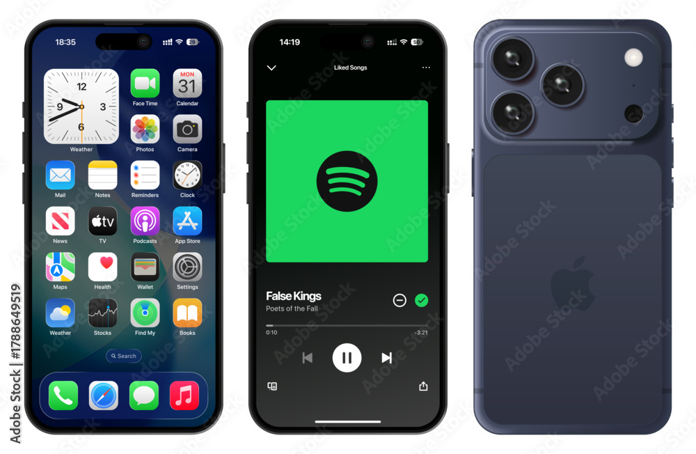 Stockvector Apple iPhone 17 Pro front and back view featuring Spotify ...