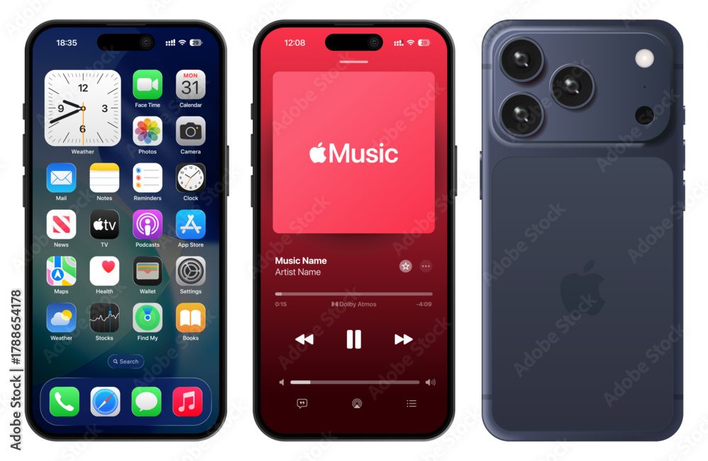 Apple iPhone 17 Pro front and back view featuring Apple Music app UI ...