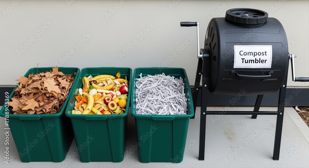 eco-friendly composting setup with bins for leaves, food waste, and ...