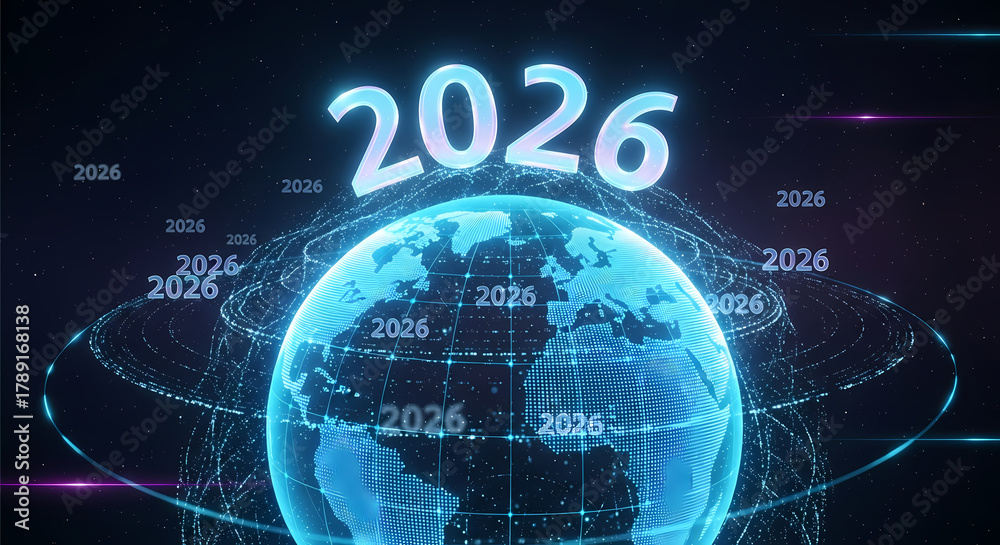A futuristic, glowing globe with the year 2026 orbiting it, symbolizing ...