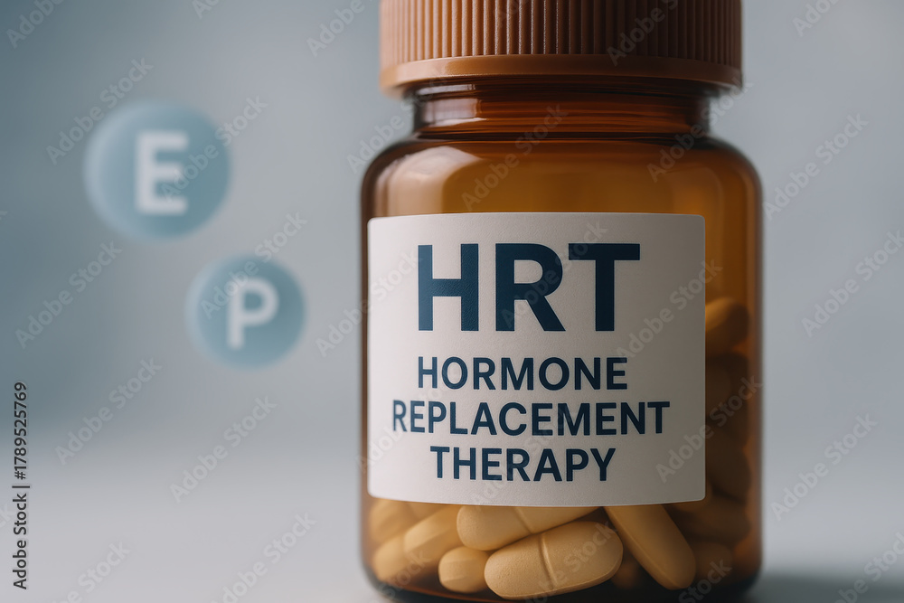 HRT pill bottle with hormone replacement therapy capsules, featuring ...
