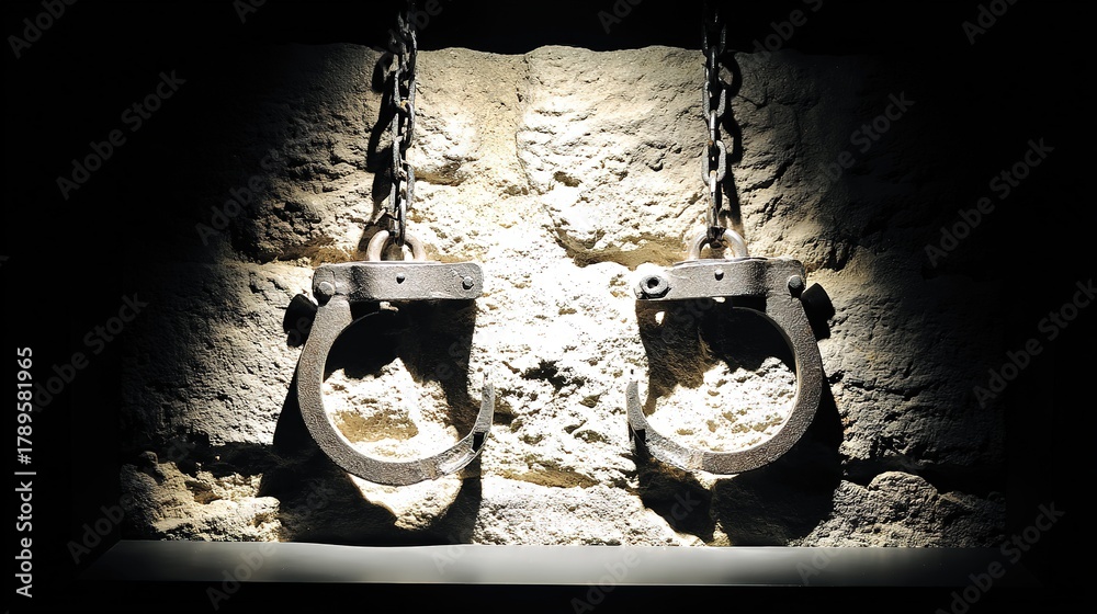 shackles. Ancient iron shackles locked on a stone wall with a hanging ...