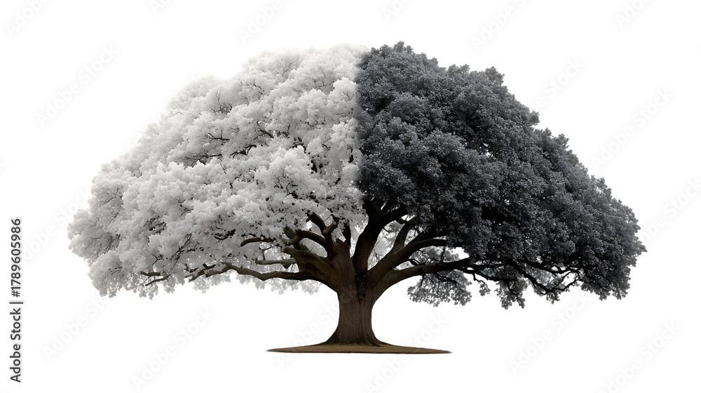 Striking dual-toned ancient oak tree symbolizing duality, balance, and ...