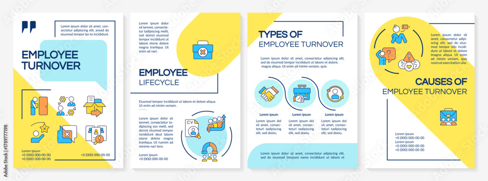 Employee turnover yellow and blue brochure layout. Types, causes and ...