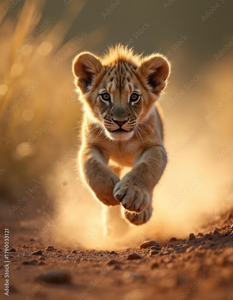 Small baby lion cub runs quickly across dry dusty savanna ground ...