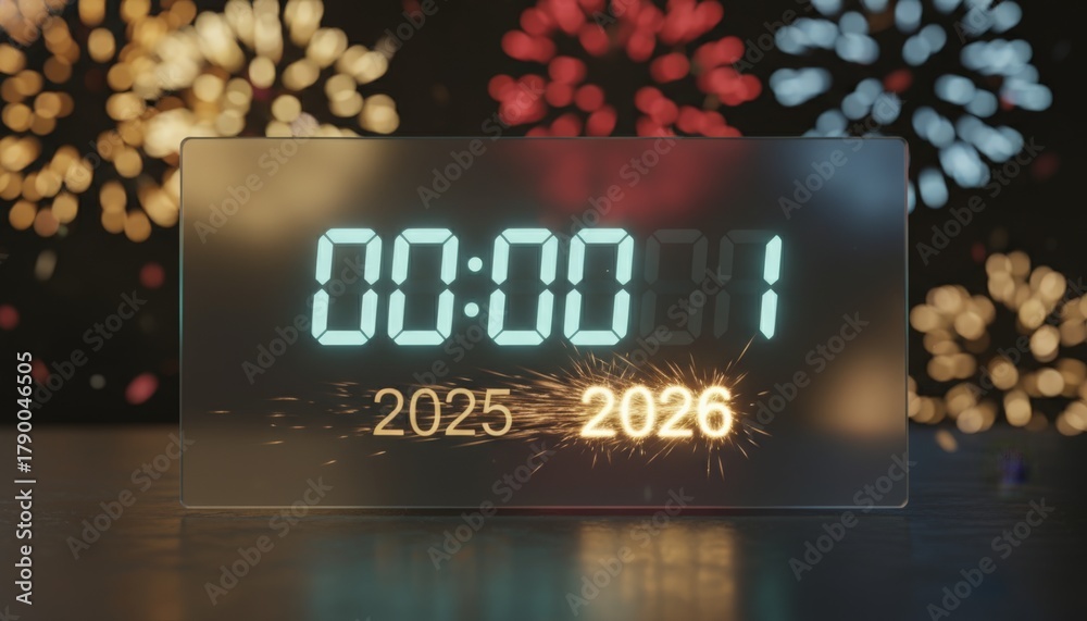 Digital clock counting down to midnight and the new year 2026 ...