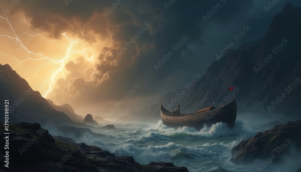 Noah ark ship sails rough ocean during storm with lightning strike over ...