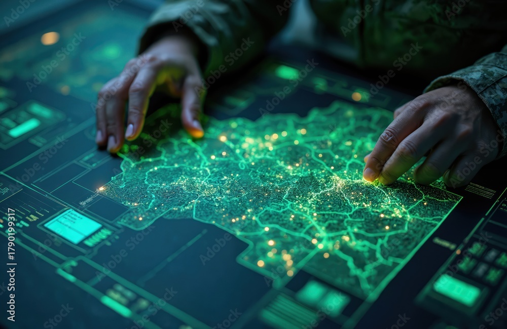 Soldier uses interactive digital map for strategic analysis ...
