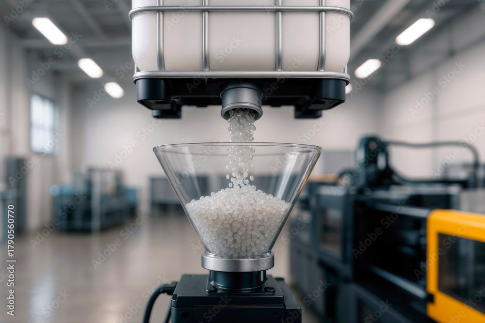 Plastic pellets pouring from an IBC hopper into a funnel at a factory ...