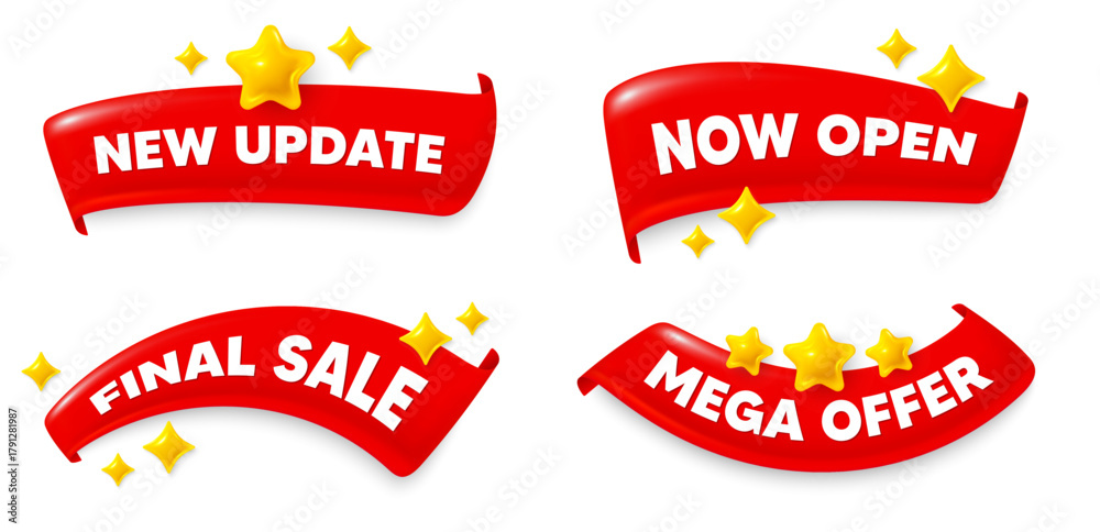 New update flag ribbon. Mega discount, Final sale, Now open. New update ...