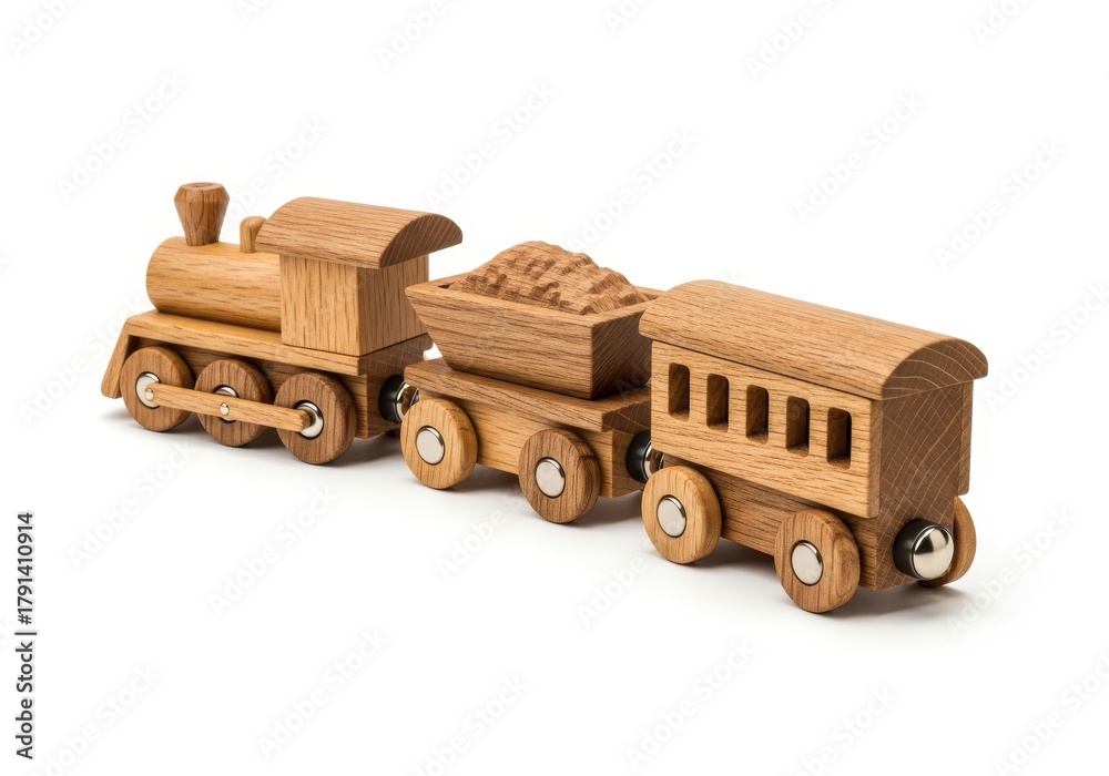 Natural wooden toy train set features an engine, a freight car with ...