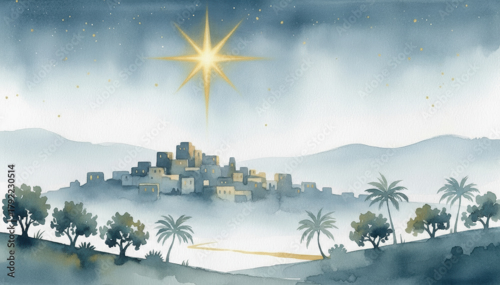 The Star of Bethlehem shines over the ancient biblical town. A peaceful ...